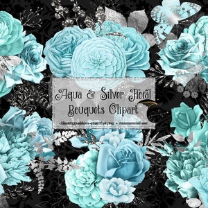 Aqua Silver Floral Clip Art, Watercolor Flower PNG (digital Download ...
