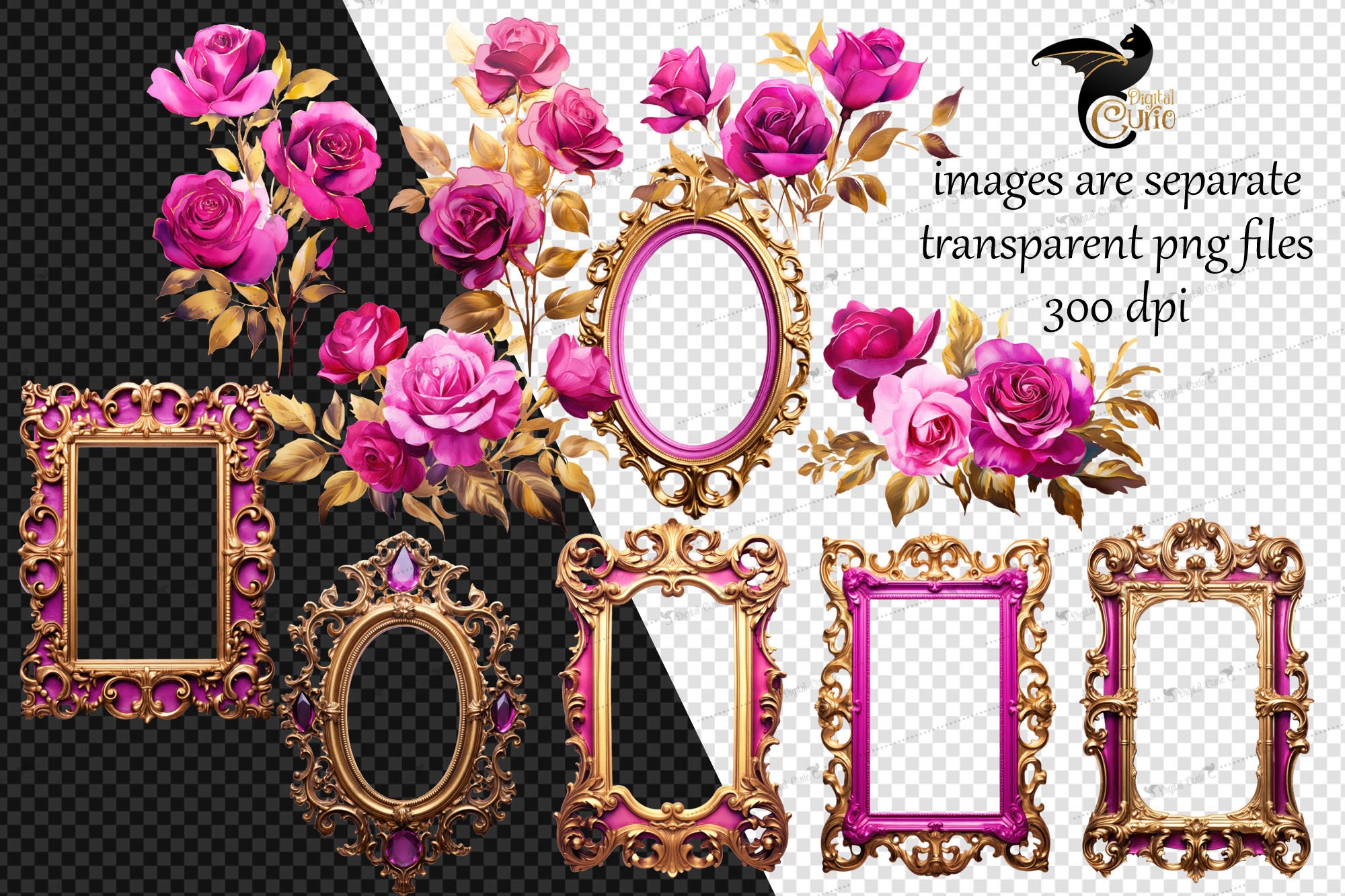 Fuchsia Flowers and Frames Clipart, Hot Pink Floral Illustrations (PNG ...