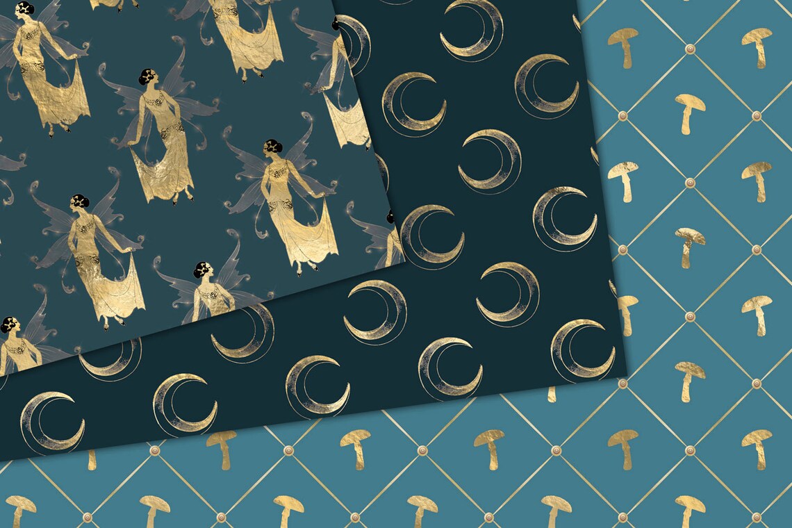 Teal and Gold Fairy Digital Paper Seamless Textures With - Etsy