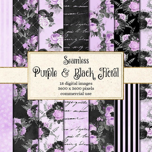 Purple and Black Floral Digital Paper Shabby Black and - Etsy