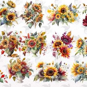 Watercolor Sunflower Bouquets Clipart – Fall Floral PNG (commercial Use ...