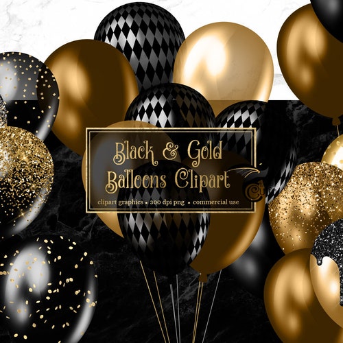 Black and Gold Balloons Clipart Glitter Balloon Png Digital - Etsy