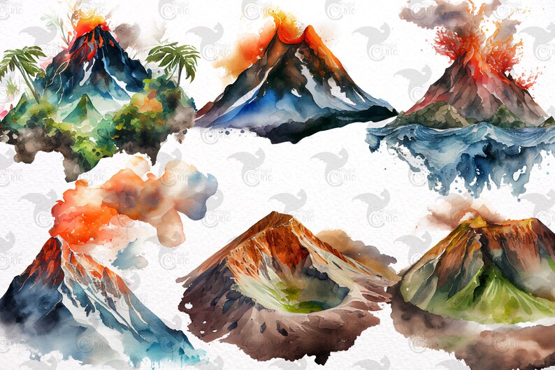 Watercolor Volcanoes Clipart - Volcano Lava PNG Format Instant Download ...