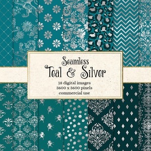 Teal and Silver Digital Paper, Seamless Silver Foil Turquoise Wedding ...