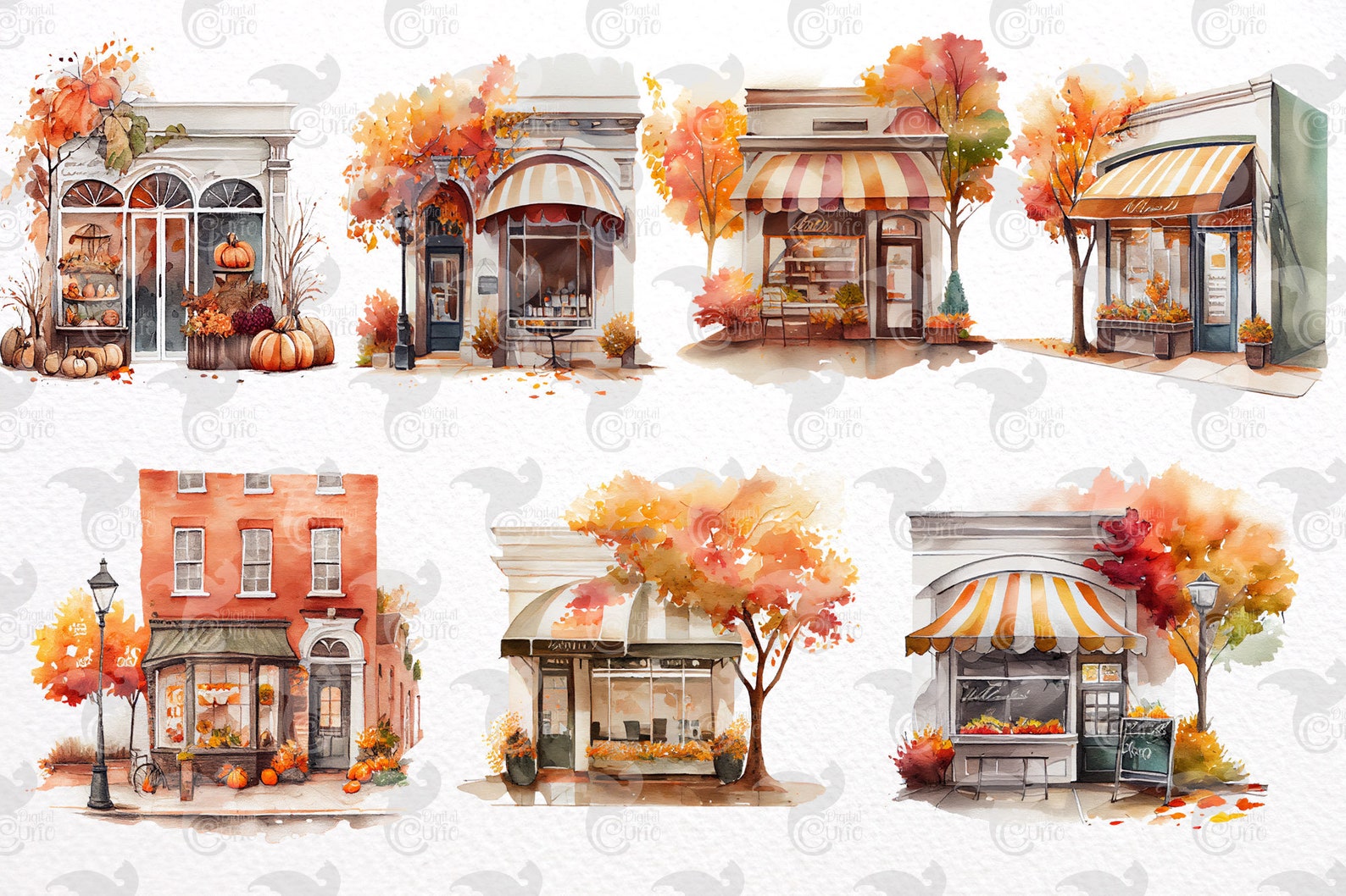 Watercolor Autumn Storefronts Clipart – Fall Shops PNG (digital ...