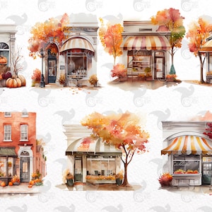 Watercolor Autumn Storefronts Clipart – Fall Shops PNG (digital ...