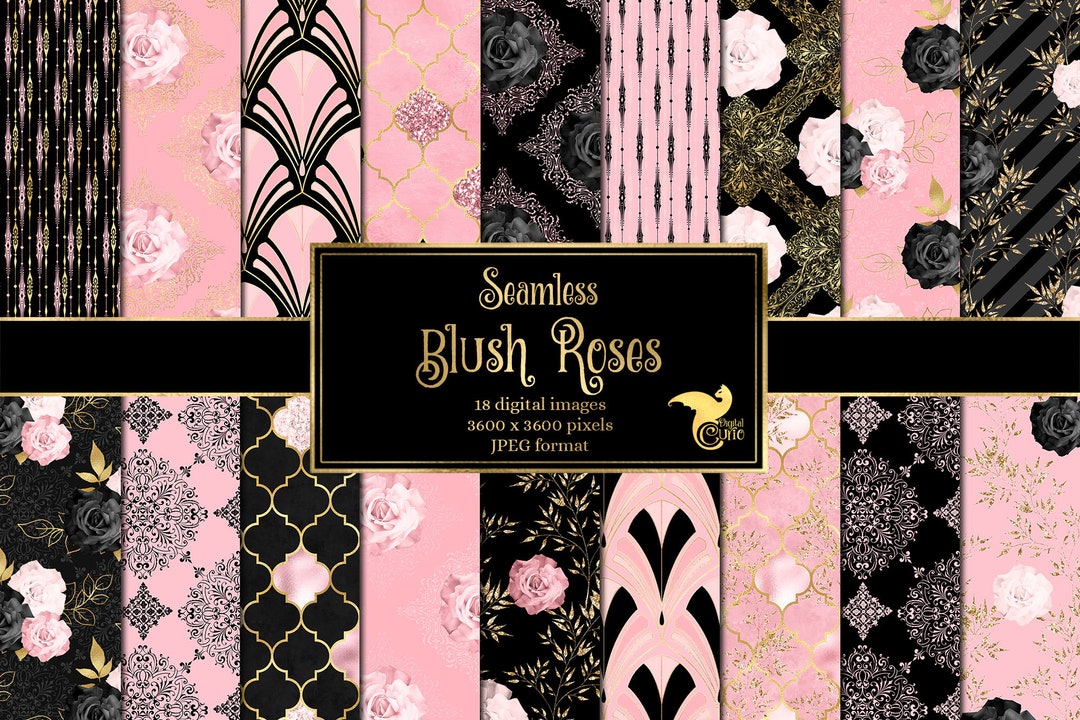Blush Roses Digital Paper - Seamless Blush Pink and Black Art Deco ...