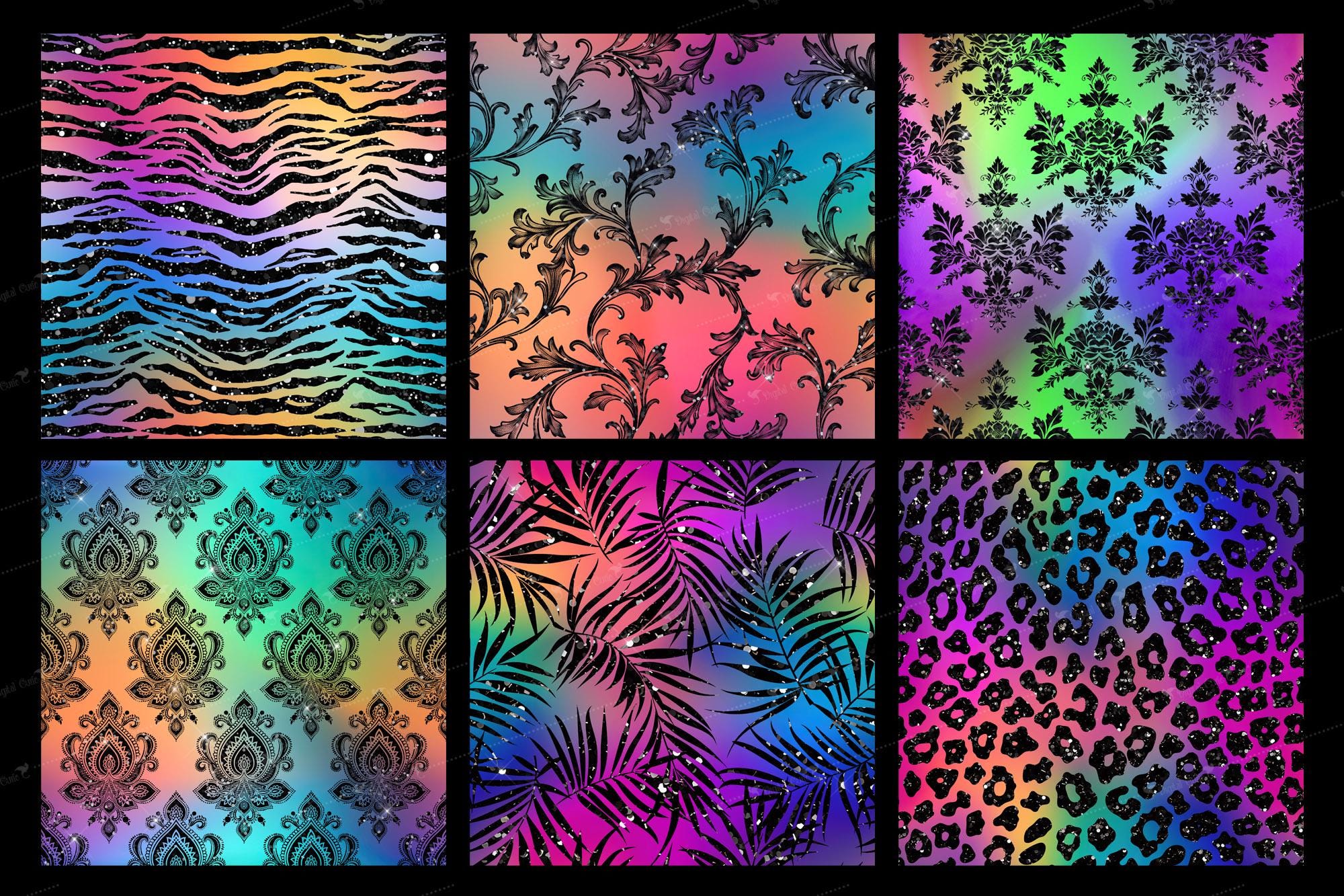 Rainbow Glitter Digital Paper, Damask & Royal Patterns (digital ...