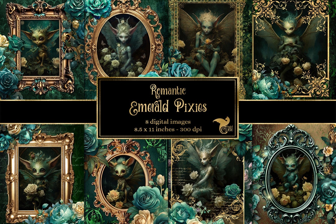 Romantic Emerald Pixies Journal Paper, Notebook Digital Paper Rococo Fantasy Junk Journal Pages ...