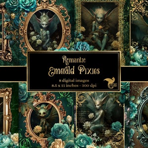 Romantic Emerald Pixies Journal Paper, Notebook Digital Paper Rococo Fantasy Junk Journal Pages ...