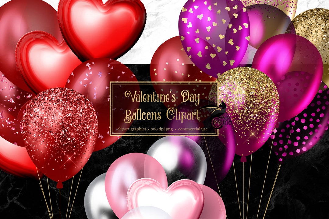 Valentine's Day Balloons Clipart, Glitter Balloon Png Digital Overlays ...
