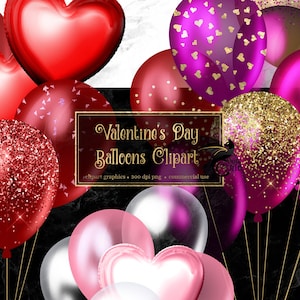 Valentine's Day Balloons Clipart, Glitter Balloon Png Digital Overlays ...