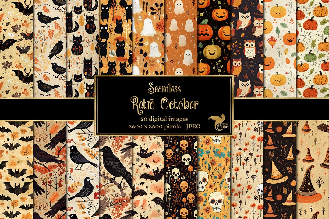 Retro October Digital Paper, Cute Halloween Patterns, Seamless Spooky ...