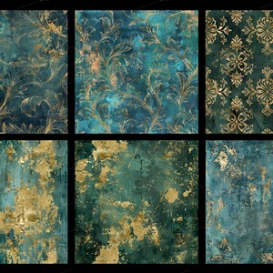 Distressed Ornate Teal and Gold Damask Digital Paper, Seamless Damask ...