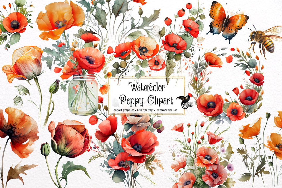 Watercolor Poppies Clipart - Floral California Poppy Flowers and ...
