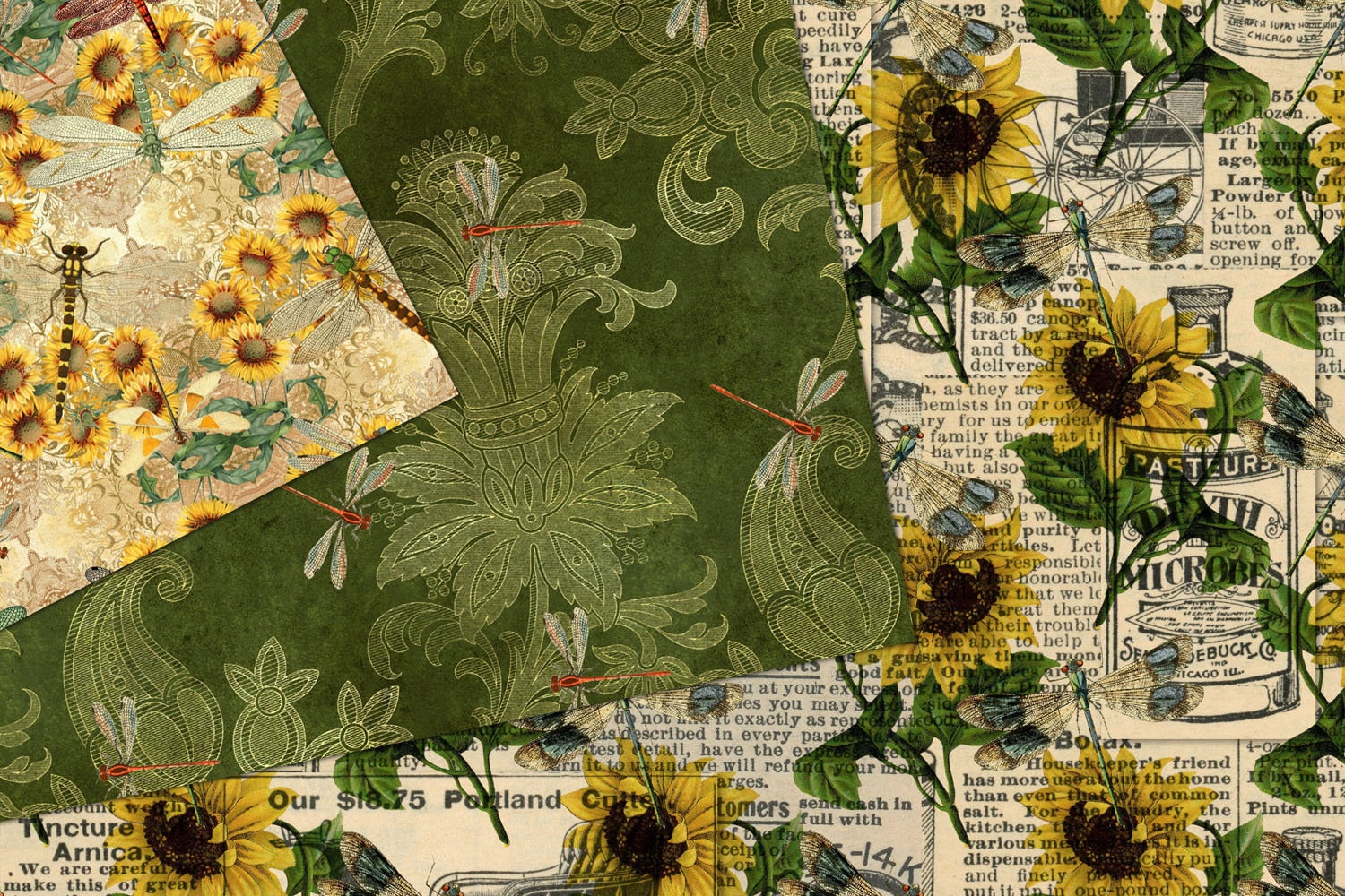 Dragonflies and Sunflowers Digital Paper – Vintage Textures (seamless ...