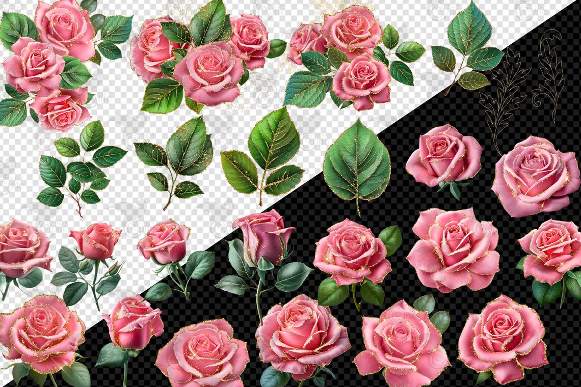 Pink and Gold Glitter Roses Clip Art, PNG Embellishments (digital ...
