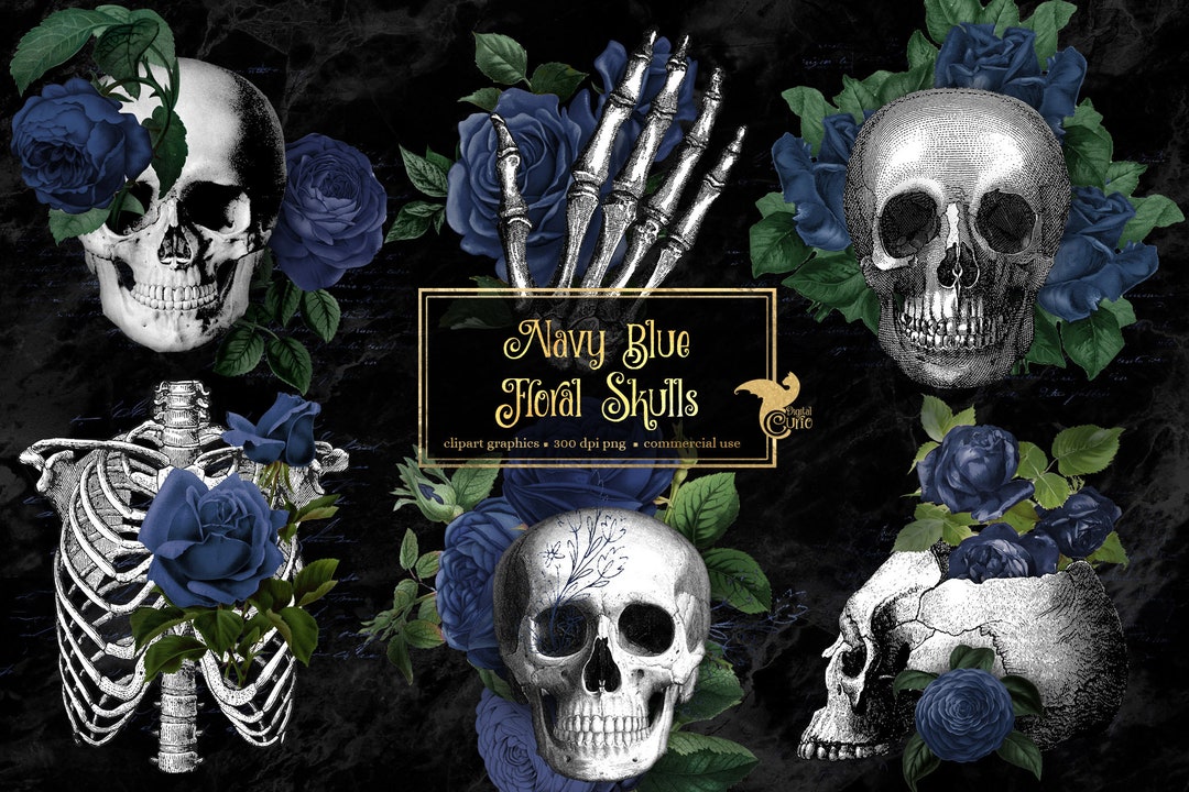 Navy Blue Floral Skull Elements, Antique Illustrations of Human Skulls ...