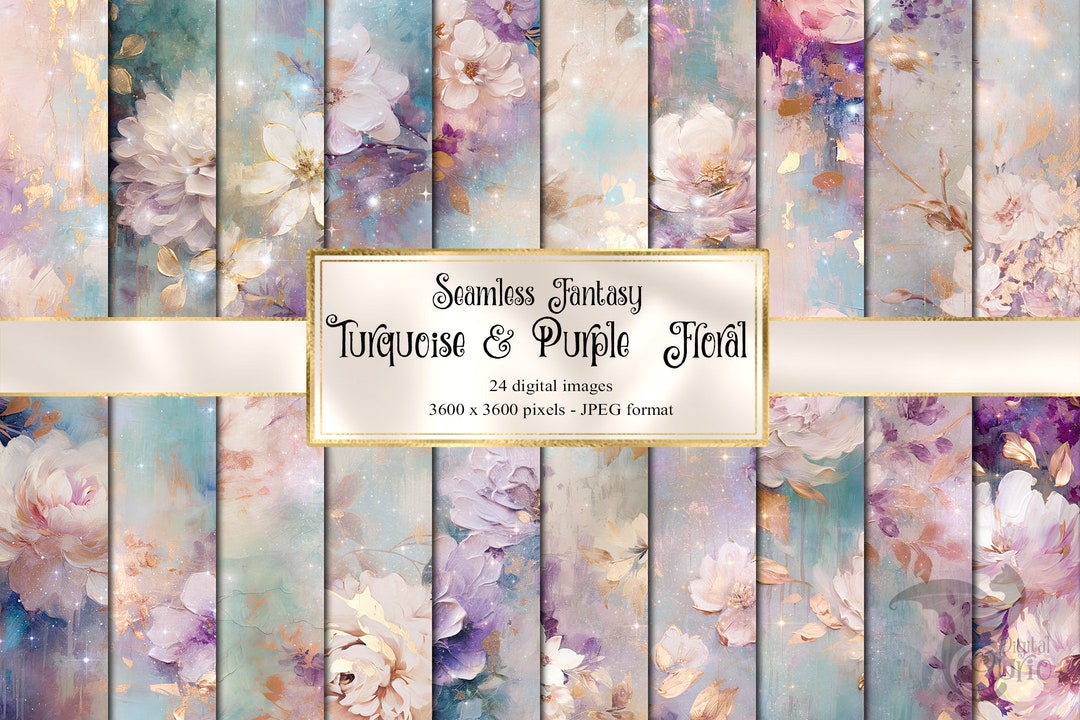 Turquoise Purple Floral Digital Paper, Fantasy Oil Paint Textures ...