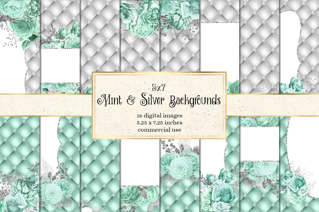 Mint Silver Floral Backgrounds, 5x7 Invitation Textures (digital Paper ...