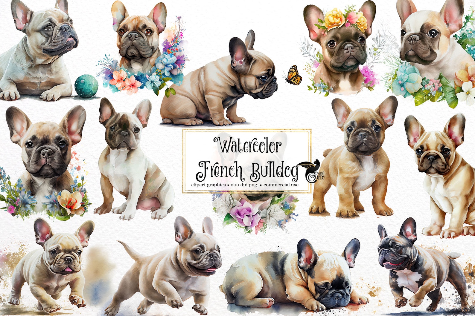 Watercolor French Bulldog Clipart Cute Frenchie Dogs and Puppies PNG ...