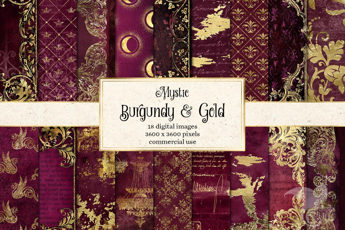 Mystic Burgundy and Gold Digital Paper Gold Foil Vintage - Etsy