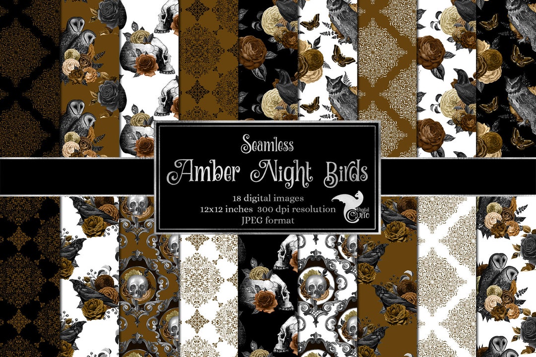 Amber Night Birds Digital Paper, Gothic Scrapbook Papers, Seamless Goth ...