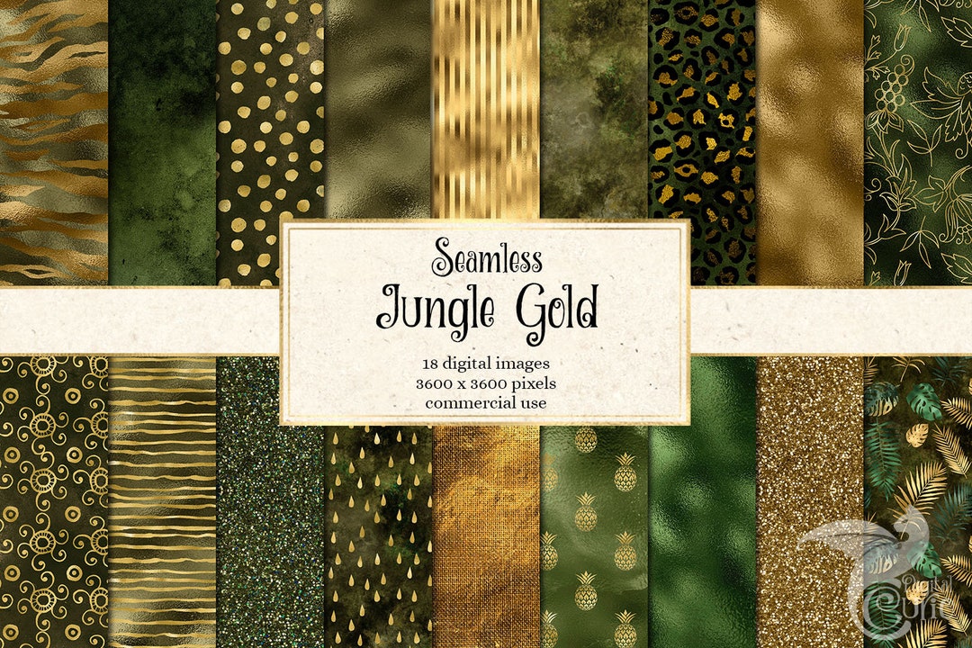 Jungle Gold Digital Paper - Dark Green and Gold Seamless Patterns With ...