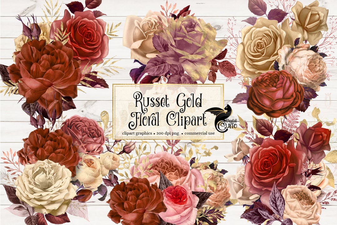 Russet Gold Floral Clipart, Fall Wedding Roses and Vintage Rustic ...