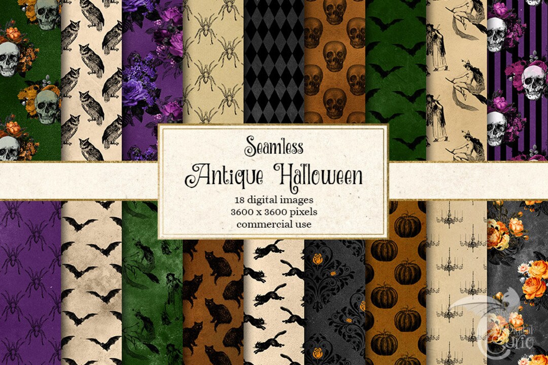 Antique Halloween Digital Paper, Skull Damask Patterns (12x12", 300dpi ...