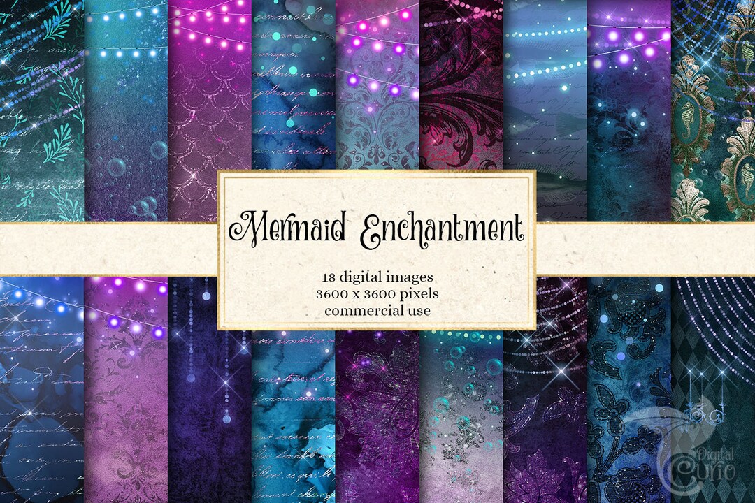 Mermaid Enchantment Digital Paper, Fairy Lights Scrapbook Backgrounds ...
