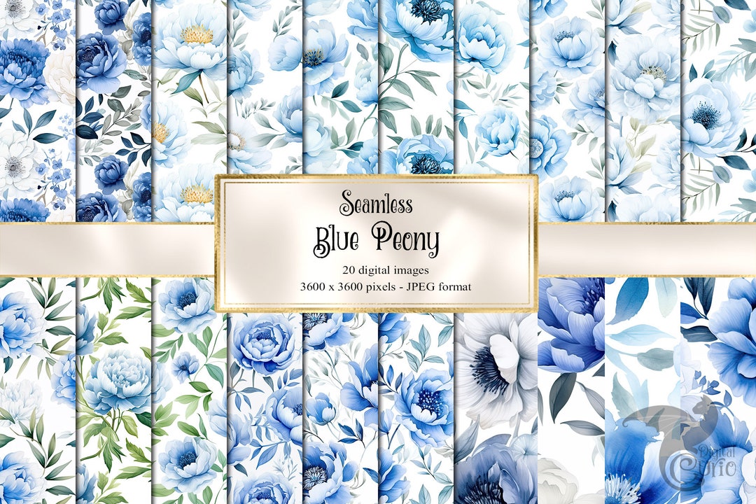 Watercolor Blue Peony Digital Paper, Seamless Floral Printable Textures ...