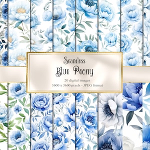 Watercolor Blue Peony Digital Paper, Seamless Floral Printable Textures ...