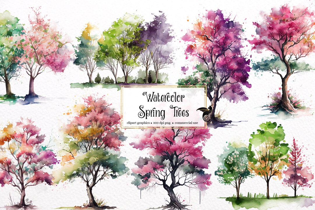 Watercolor Spring Trees Clipart - Springtime Blossoms in the Park PNG ...