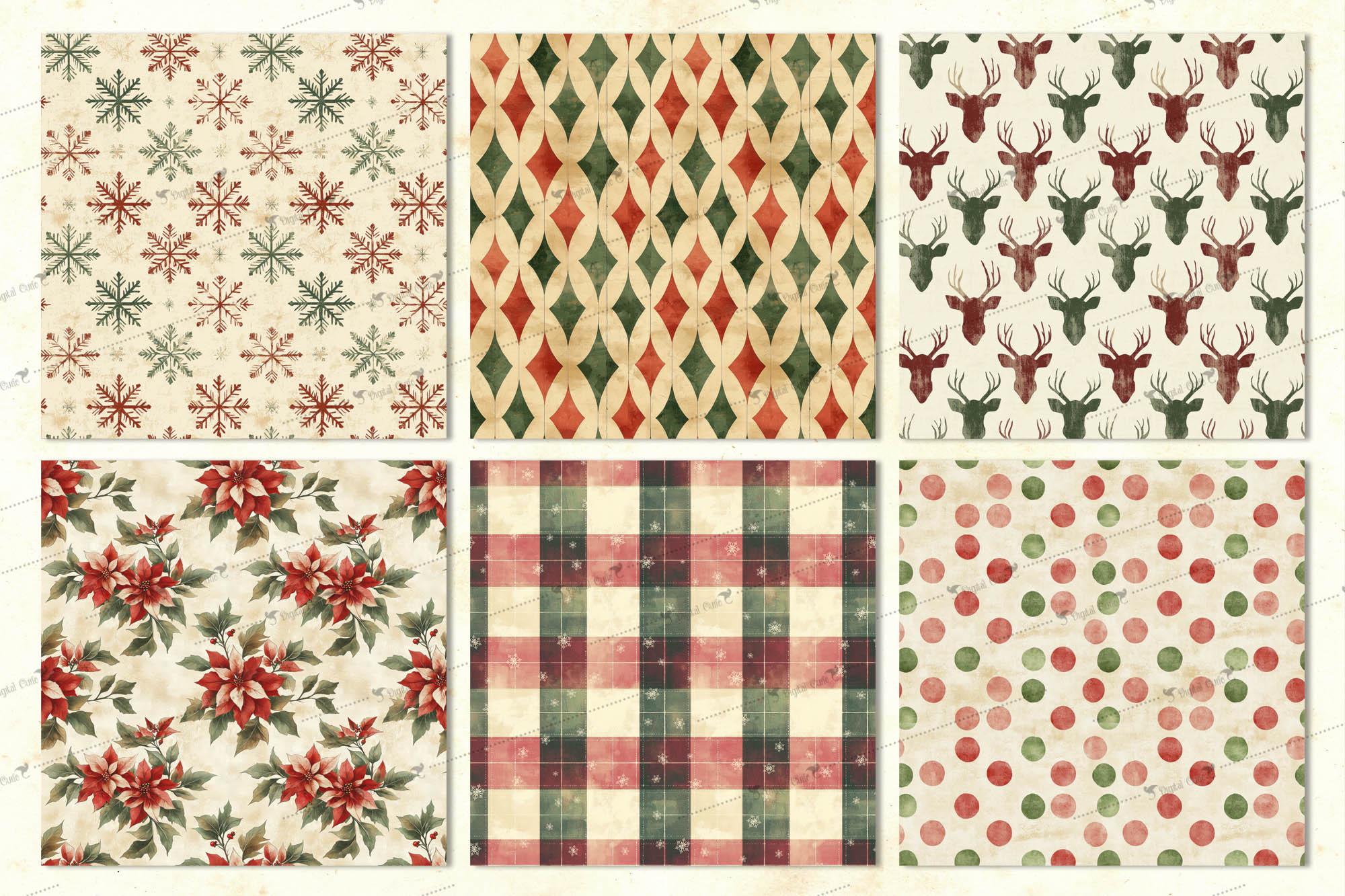 Vintage Christmas Digital Paper, Red Green Seamless Snowflake Patterns ...