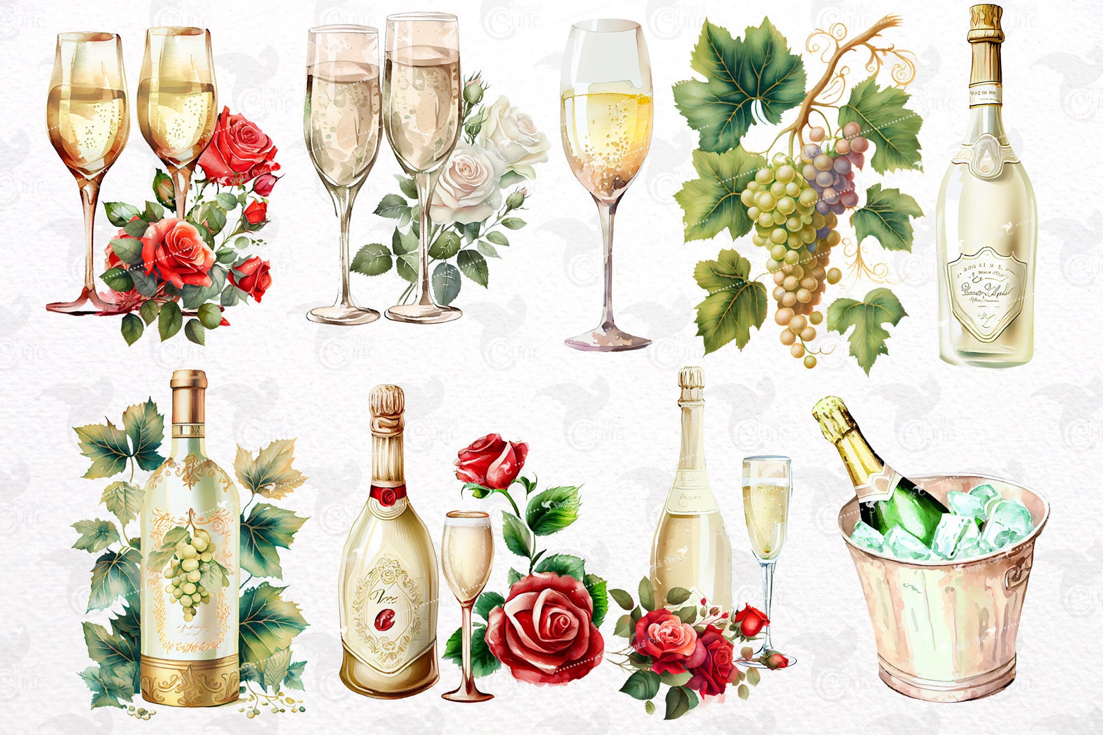 Watercolor Champagne Clipart Digital Png White Wine Grapes, Party ...