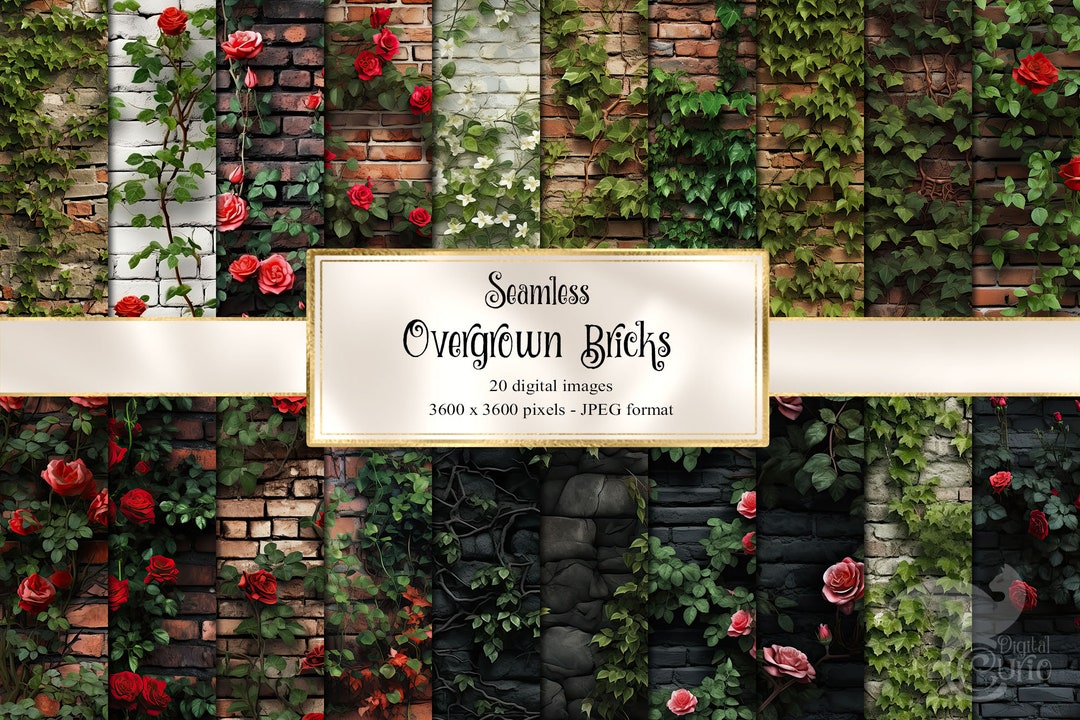 Overgrown Brick Textures Digital Paper, Seamless Rustic Brick Wall ...
