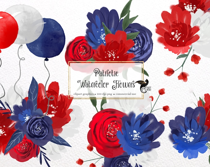Red, Blue and White Flowers PNG, Watercolor Patriotic Floral Clipart ...