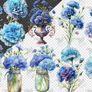 Watercolor Blue Carnation Clipart - Floral Graphics in PNG Format ...