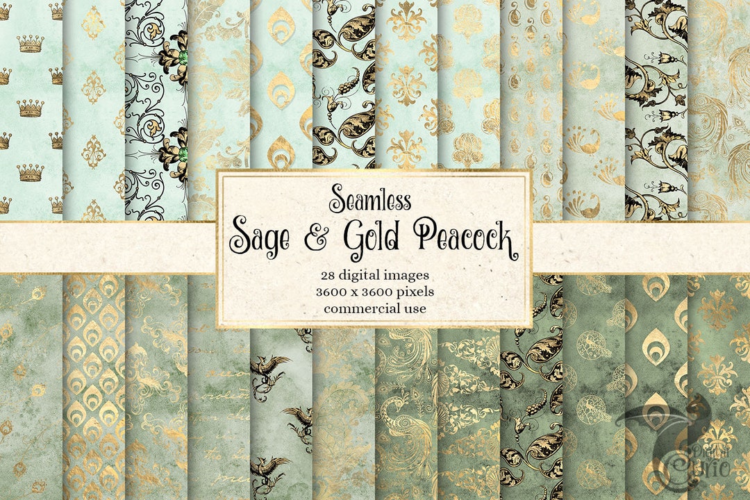 Sage and Gold Peacock Digital Paper, Seamless Foil Patterns (digital ...