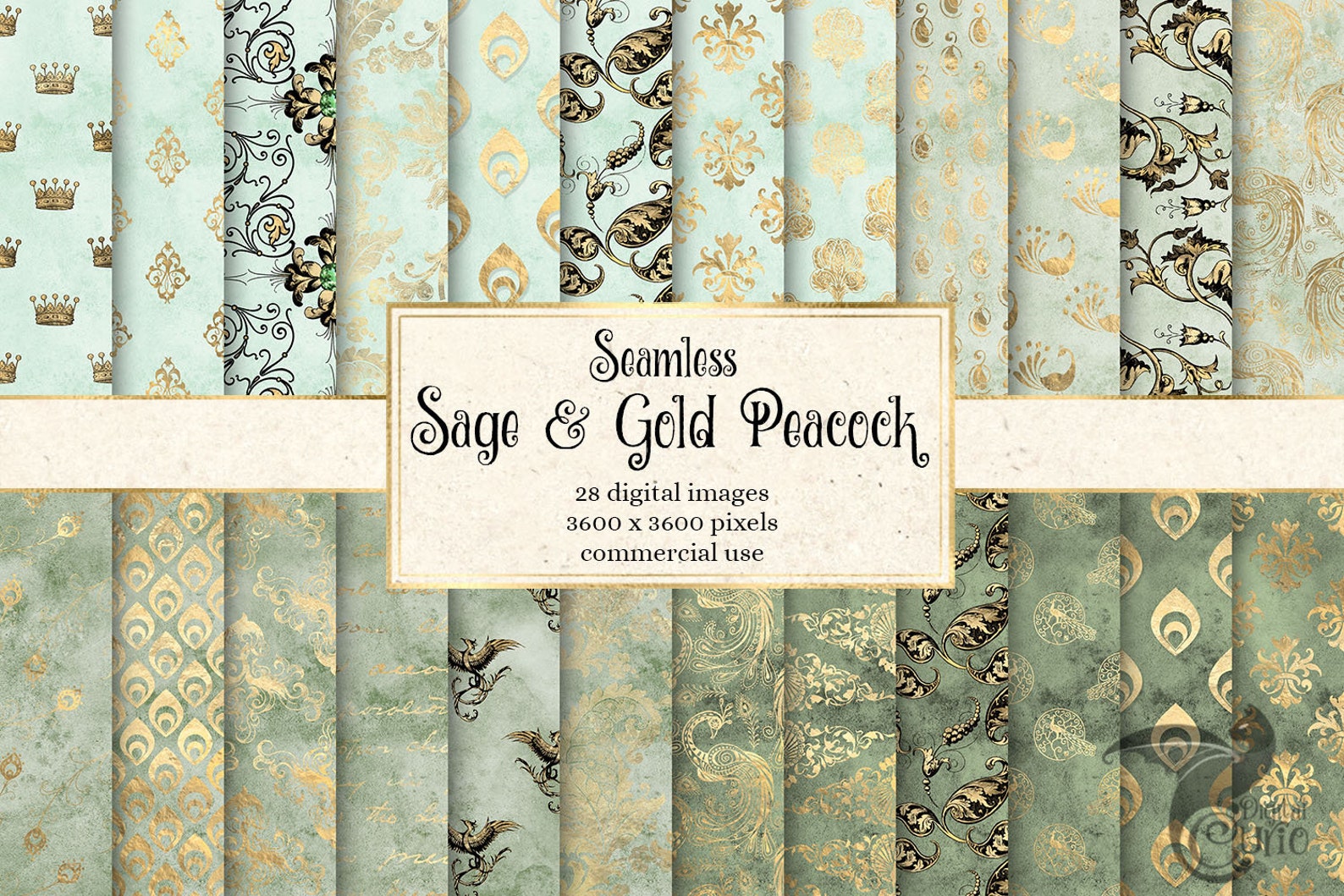 Sage and Gold Peacock Digital Paper Seamless Gold Foil - Etsy