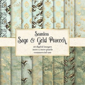 Sage and Gold Peacock Digital Paper, Seamless Gold Foil Patterns, Mint ...