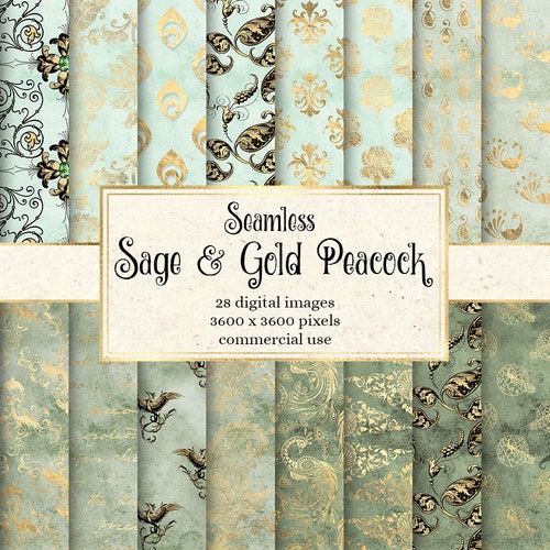 Sage and Gold Digital Paper Green Seamless Gold Foil - Etsy