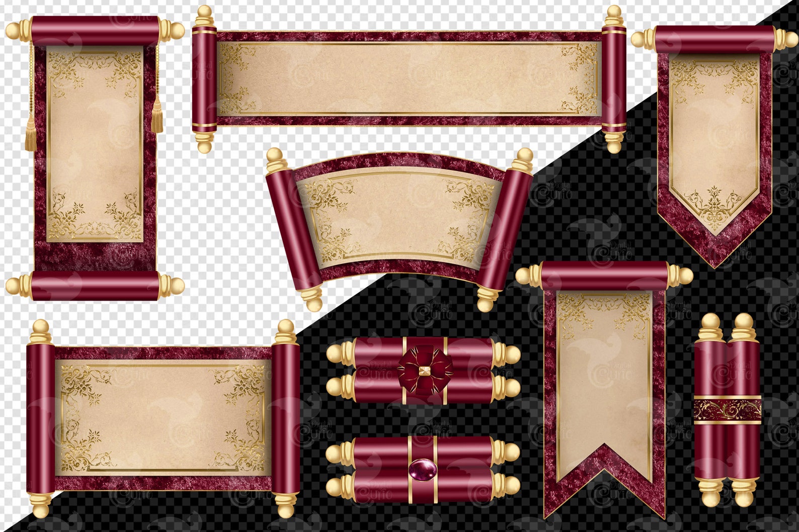 Burgundy and Gold Scroll Clipart – Fantasy Design Elements (digital ...