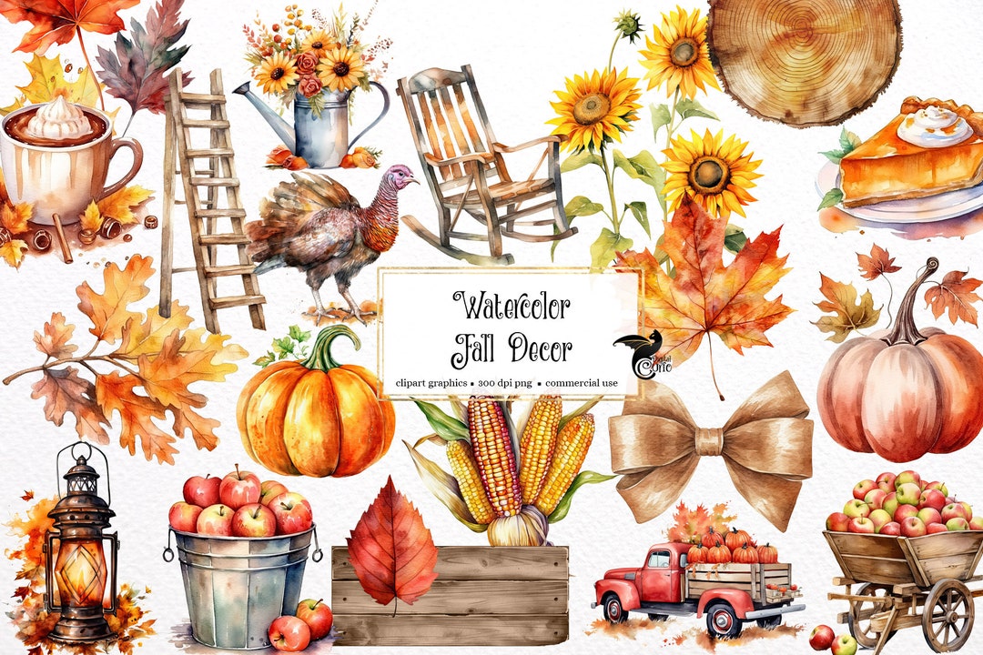 Watercolor Fall Decor Clipart - Autumn Watercolor in PNG Format Instant ...
