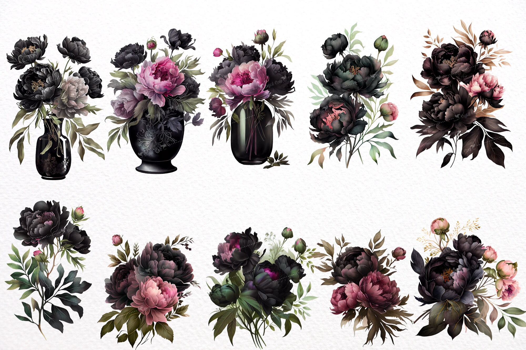 Watercolor Black Peony Clipart - Peonies in PNG Format Instant Download ...