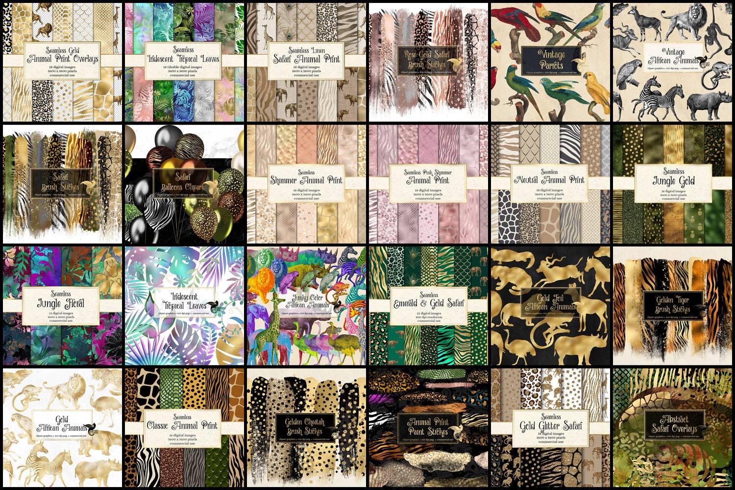 Safari Animal Graphics Bundle, Clipart & Digital Paper (digital ...