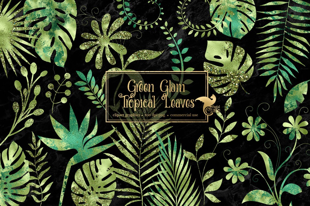 Green Glam Tropical Leaves Clipart, Tropical Palm Fronds and Leaf Clip ...