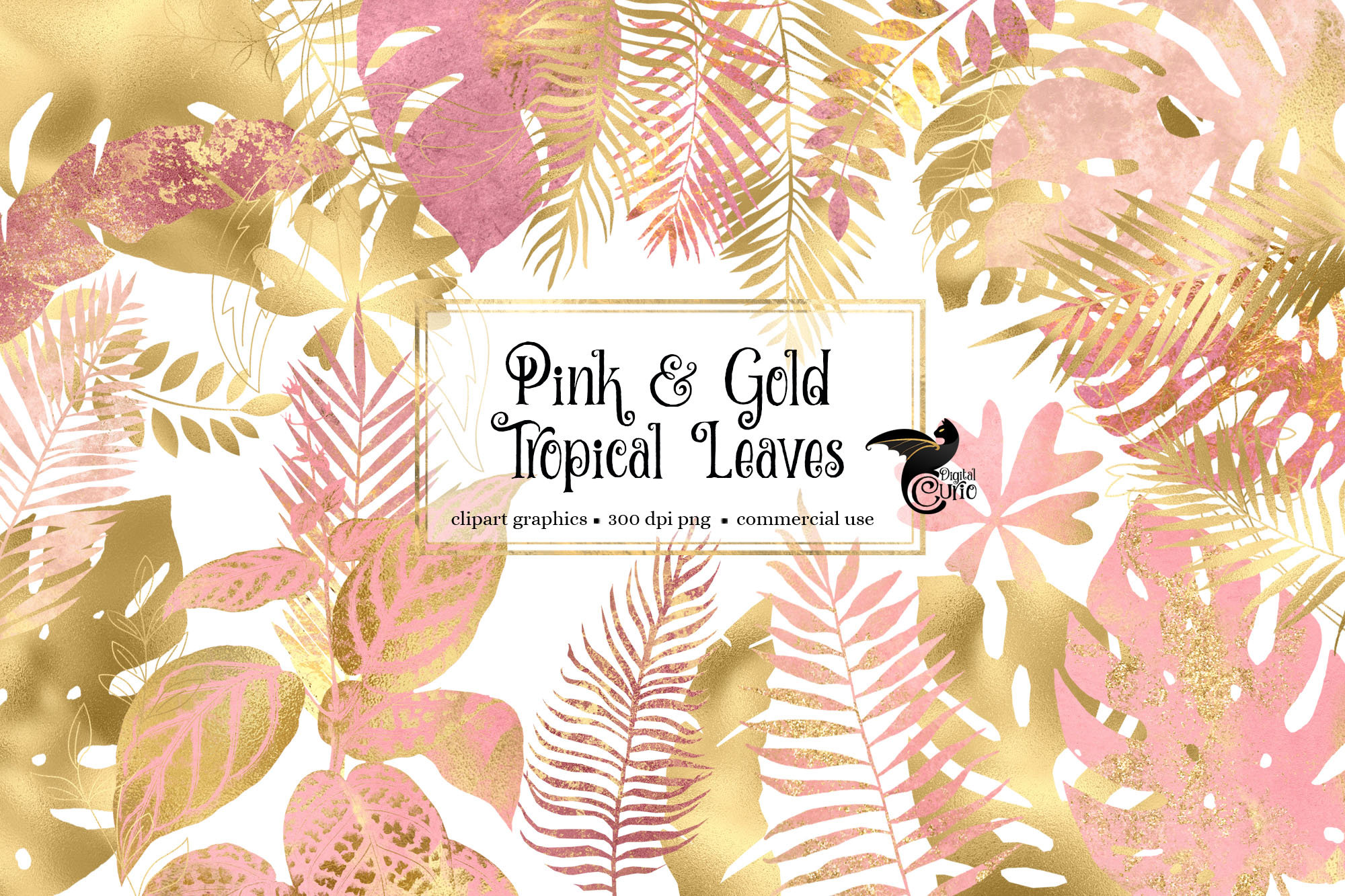 Pink and Gold Tropical Leaves Clipart, Pink Watercolor and Gold Foil ...