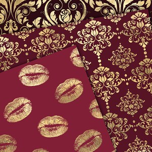Burgundy and Gold Digital Paper, Seamless Red Gold Foil Backgrounds ...
